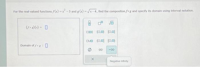 Solved For the real-valued functions f(x)=x2−3 and g(x)=x−4, | Chegg.com