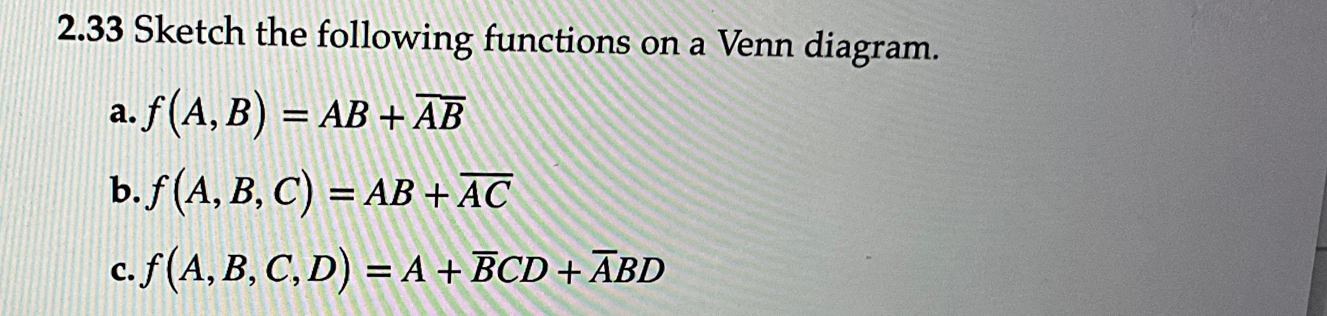 Solved 2.33 ﻿Sketch the following functions on a Venn | Chegg.com