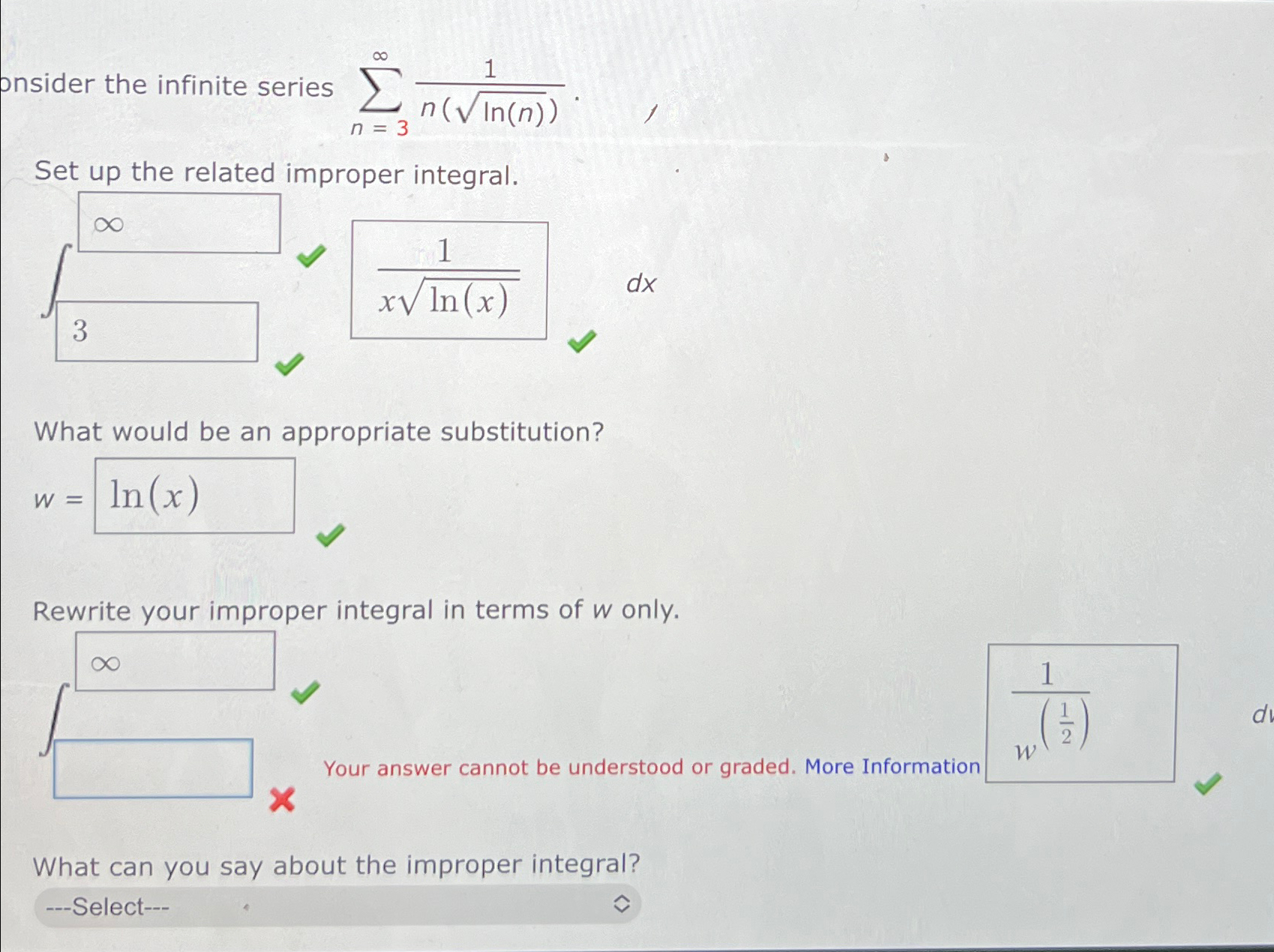 Solved onsider the infinite series ∑n=3∞1n(ln(n)2).Set up | Chegg.com