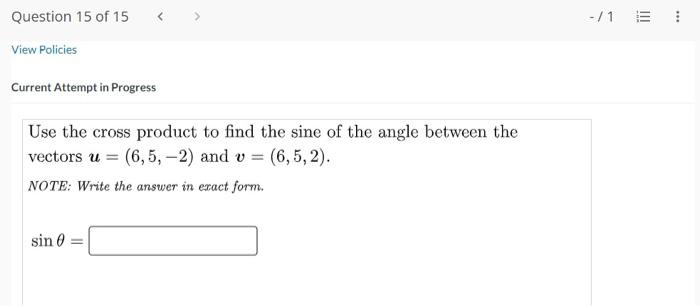 Solved Use the cross product to find the sine of the angle | Chegg.com