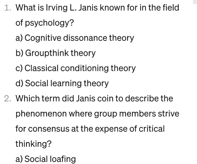 Solved What is Irving L. ﻿Janis known for in the field of | Chegg.com