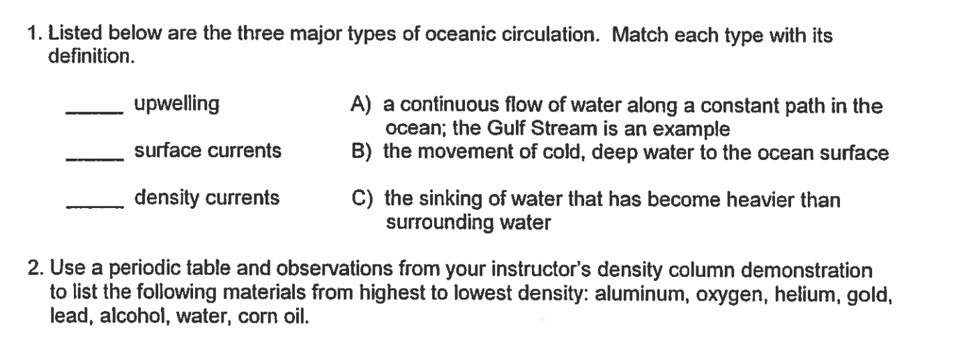 Solved Listed below are the three major types of oceanic | Chegg.com