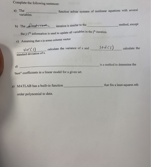 Solved Complete the following sentences: a) The variables. | Chegg.com