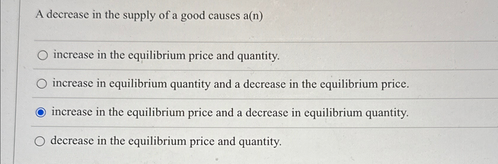 Solved A decrease in the supply of a good causes | Chegg.com