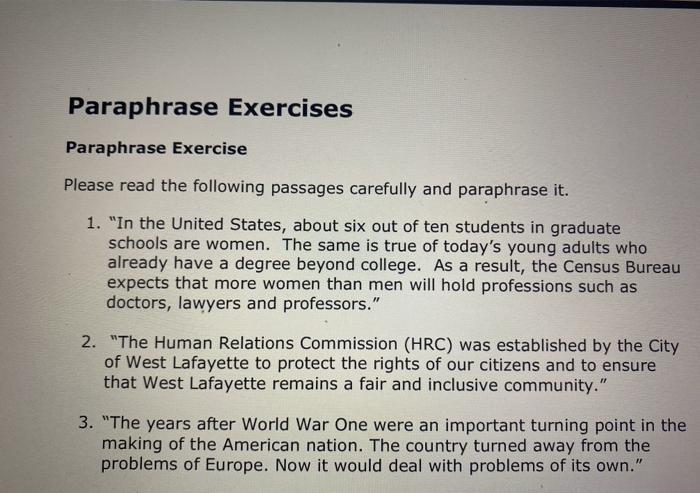 Solved Paraphrase Exercises Paraphrase Exercise Please read | Chegg.com