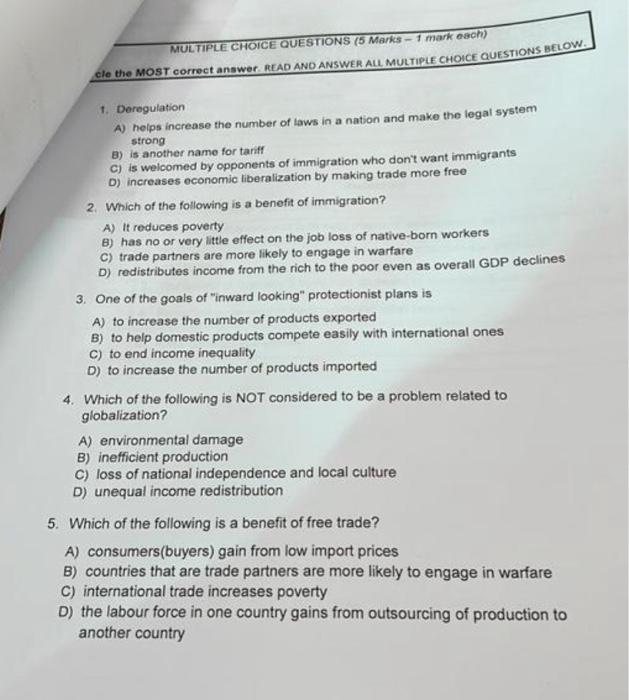 Solved MULTIPLE CHOICE QUESTIONS (5 Marks-1 mark each) cle | Chegg.com