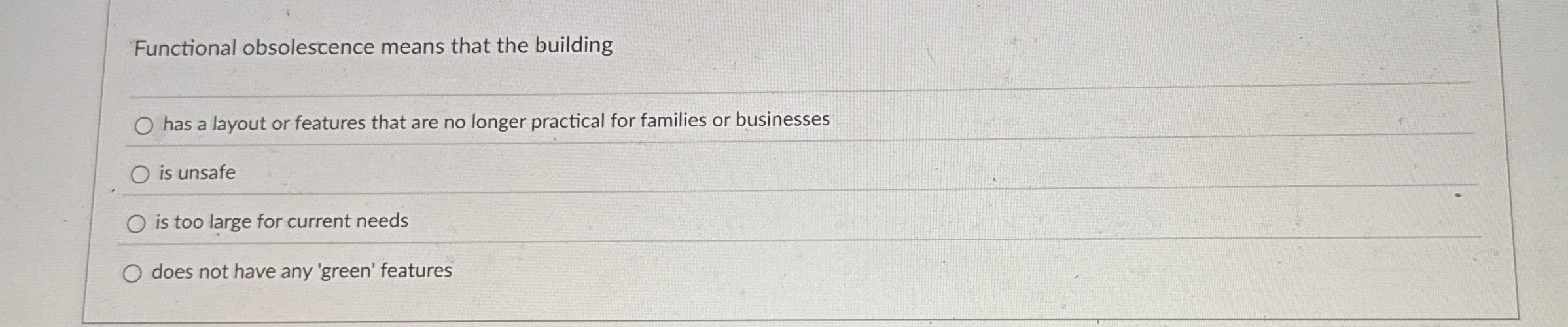 Solved Functional obsolescence means that the building ﻿has | Chegg.com