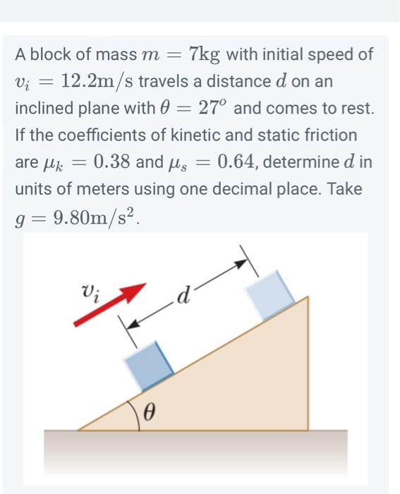 Solved A block of mass m=7 kg with initial speed of vi=12.2 | Chegg.com