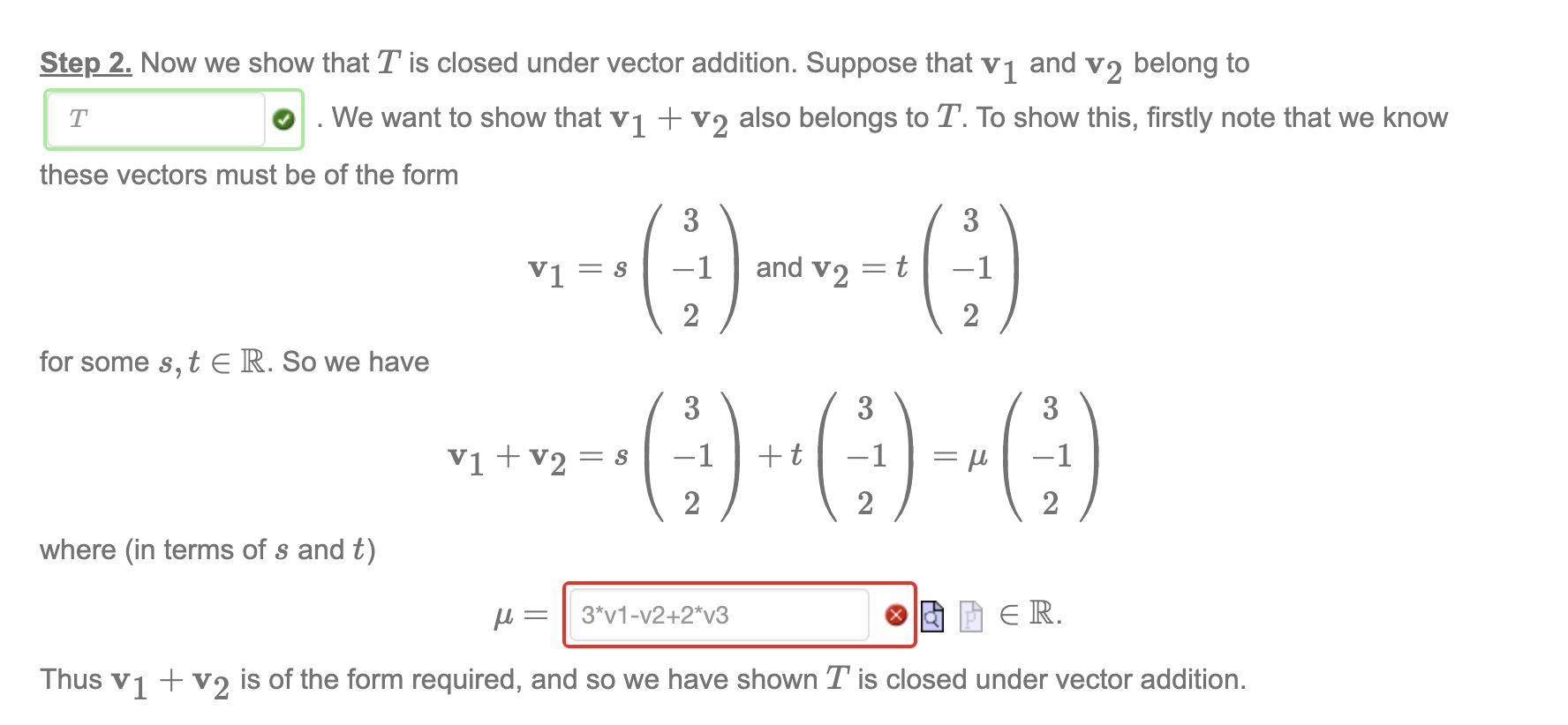 Solved Step 2. ﻿Now we show that T ﻿is closed under vector | Chegg.com