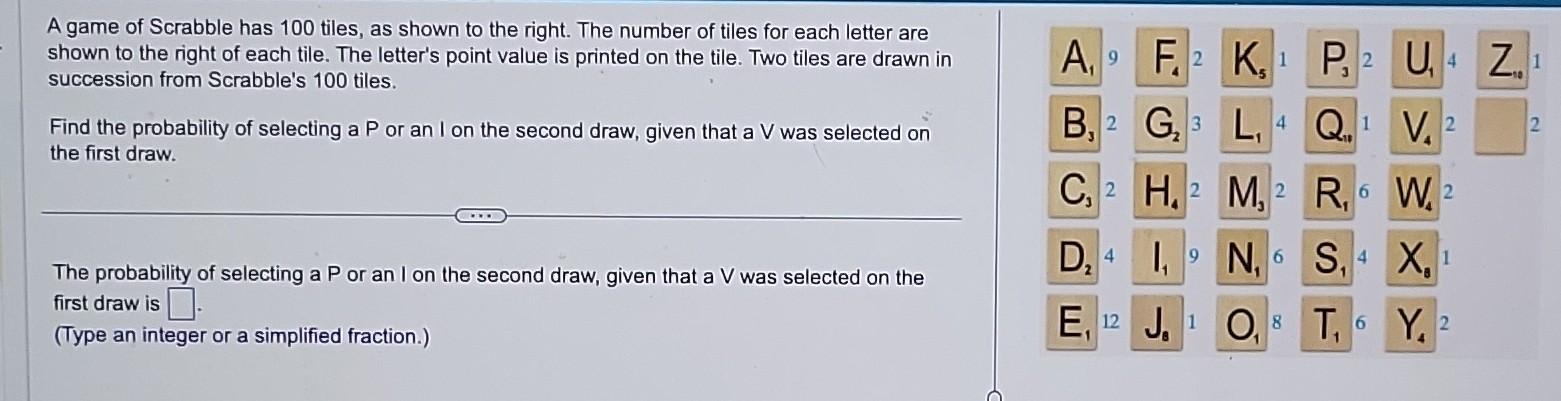 Solved A game of Scrabble has 100 tiles, as shown to the | Chegg.com