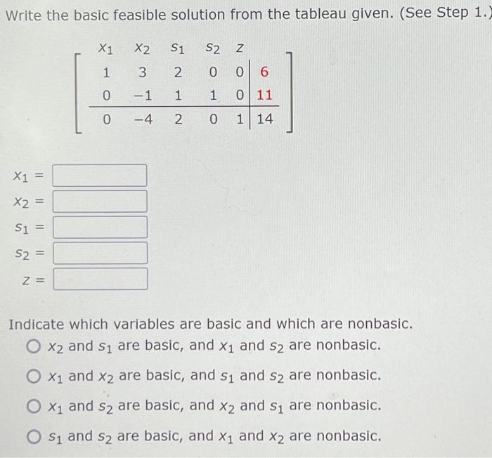 Solved Write the basic feasible solution from the tableau | Chegg.com