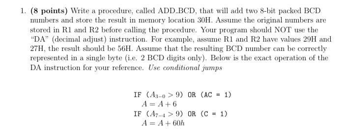 Solved 1. (8 points) Write a procedure, called ADD.BCD, that | Chegg.com