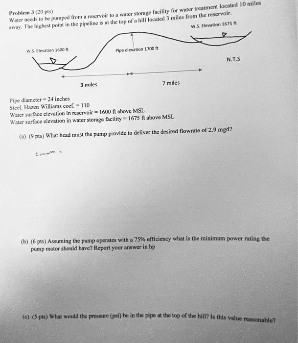 Solved Problem 3 (20 pts) Water needs to be pumped from a | Chegg.com