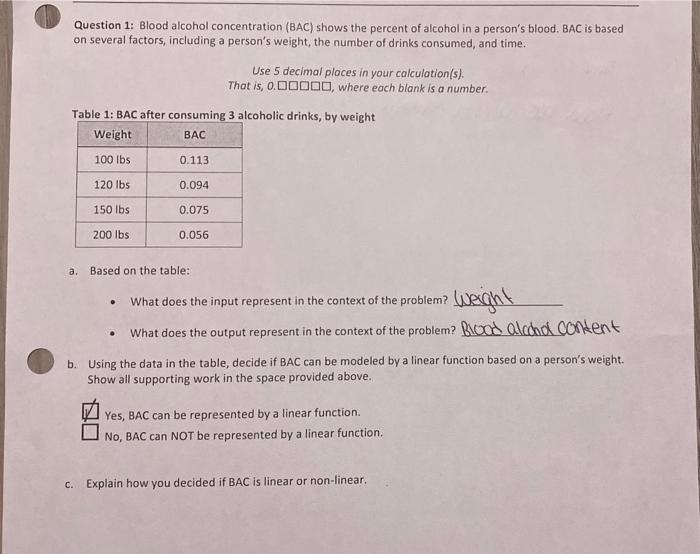 Solved Question 1: Blood alcohol concentration (BAC) shows | Chegg.com