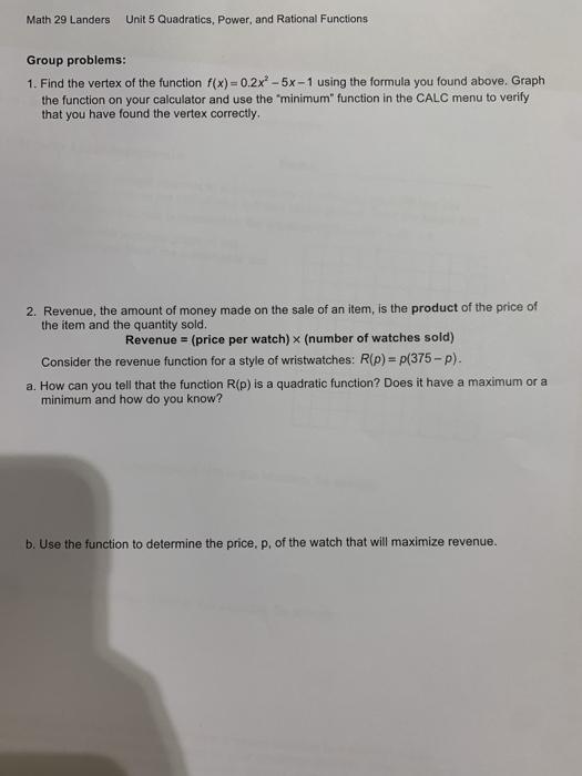 Solved Math 29 Landers Unit 5 Quadratics, Power, and | Chegg.com