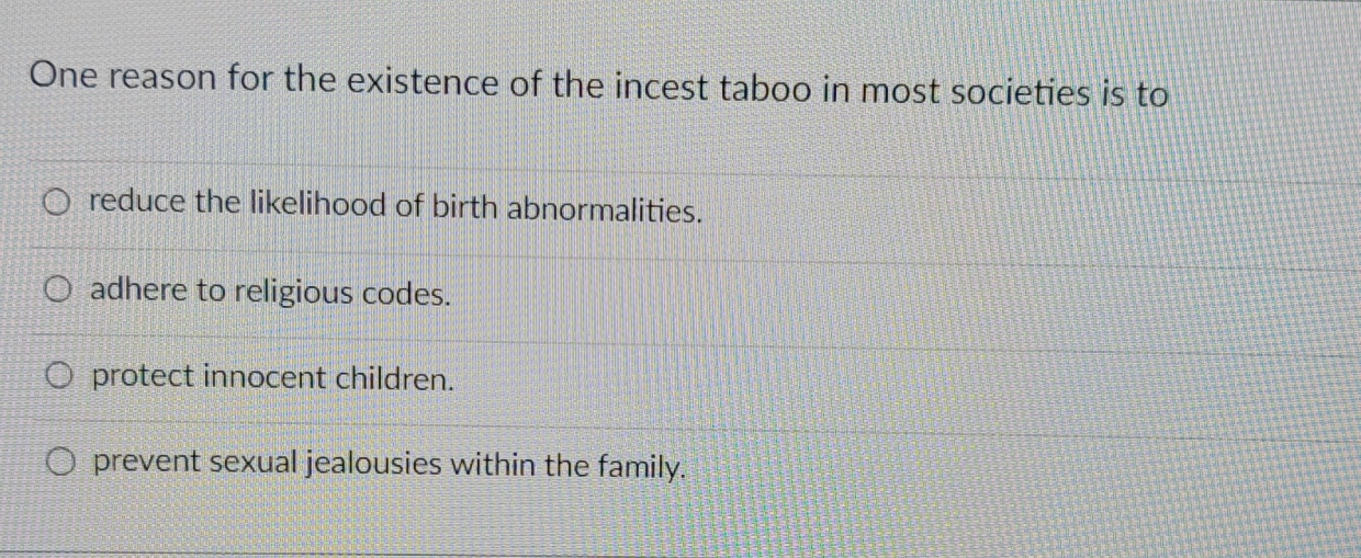 Solved One Reason For The Existence Of The Incest Taboo In