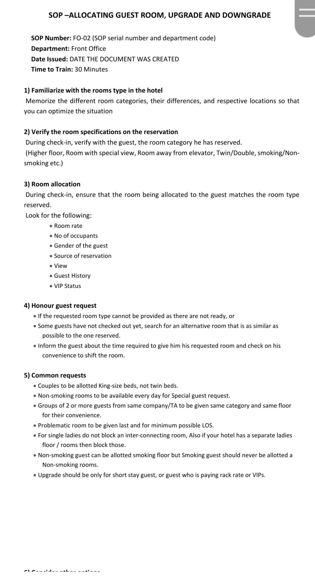 Solved SOP -ALLOCATING GUEST ROOM, UPGRADE AND DOWNGRADE SOP | Chegg.com