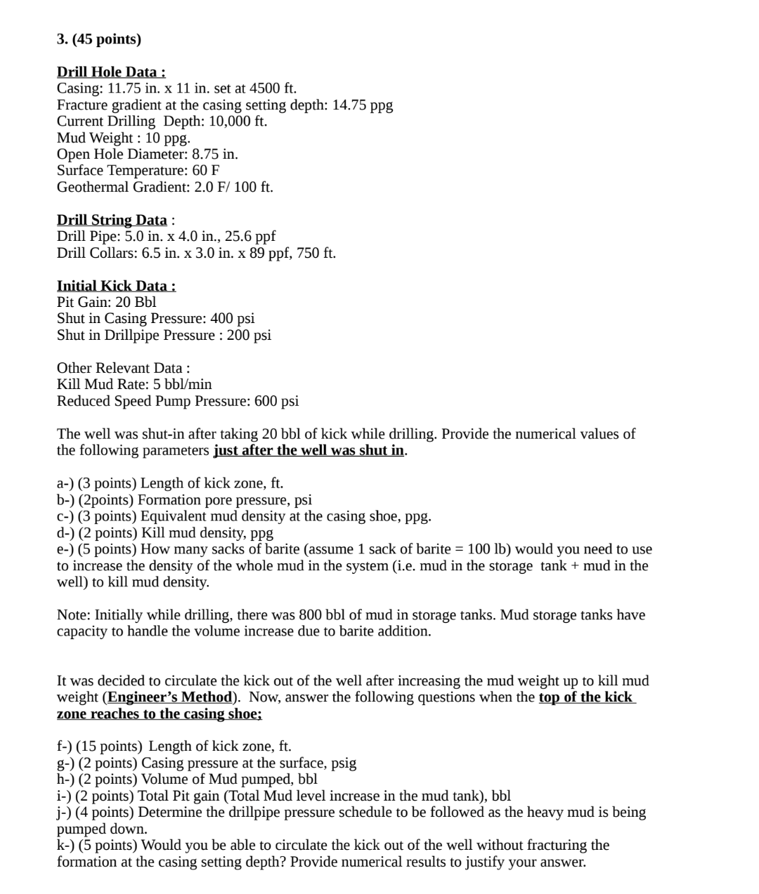 Solved 3. (45 points) Drill Hole Data : Casing: 11.75 in. x | Chegg.com