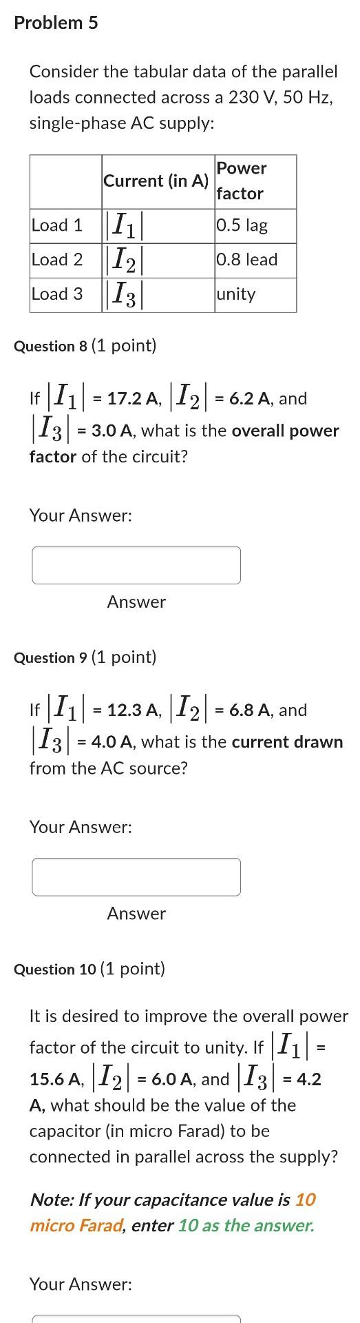 Solved Consider the tabular data of the parallel loads | Chegg.com