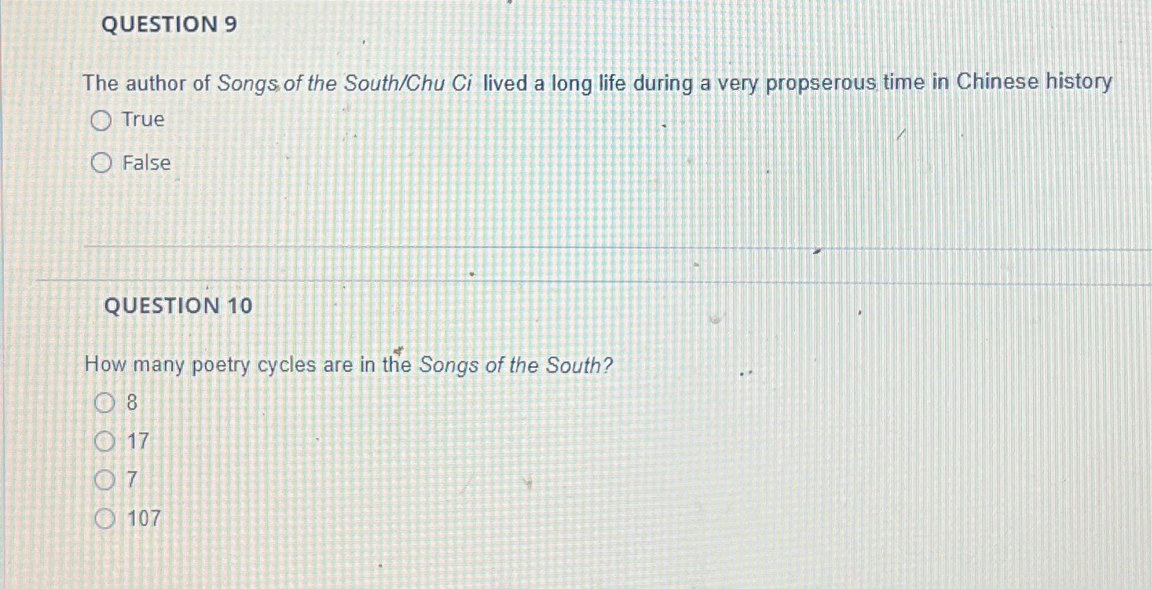 Solved QUESTION 9The author of Songs of the South/Chu Ci | Chegg.com
