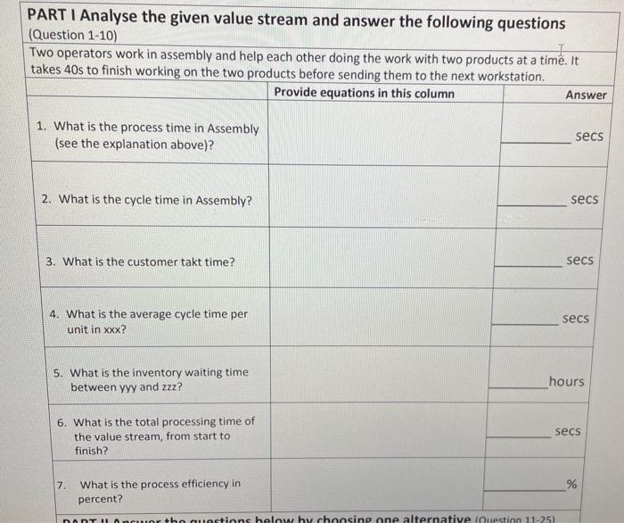 Solved PART I Analyse the given value stream and answer the | Chegg.com