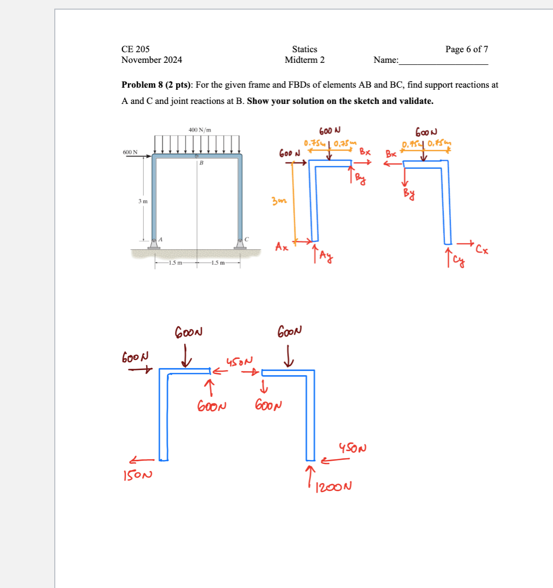 Solved CE 205 ﻿November 2024 ﻿Statics Midterm 2 ﻿Page 6 ﻿of | Chegg.com