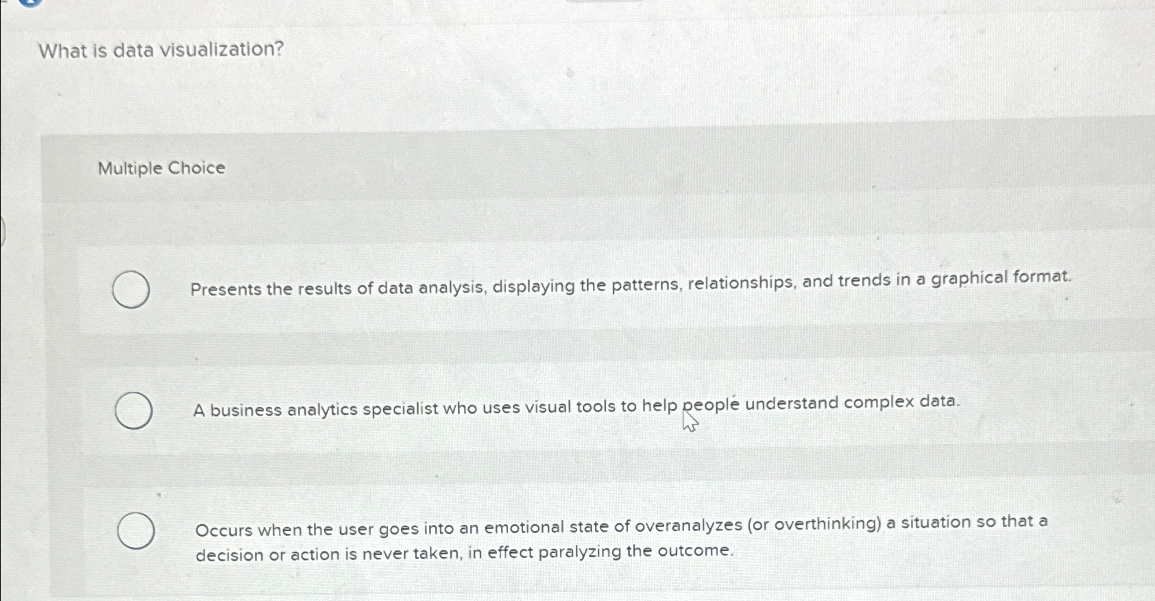 Solved What is data visualization?Multiple ChoicePresents | Chegg.com