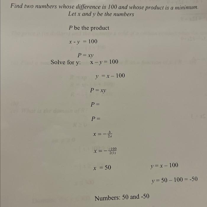 Solved Find two numbers whose difference is 100 and whose | Chegg.com Solved Find two numbers whose difference is 100 and whose | Chegg.com