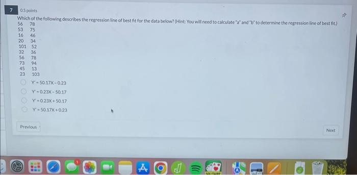 Solved Which of the following describes the regression line | Chegg.com