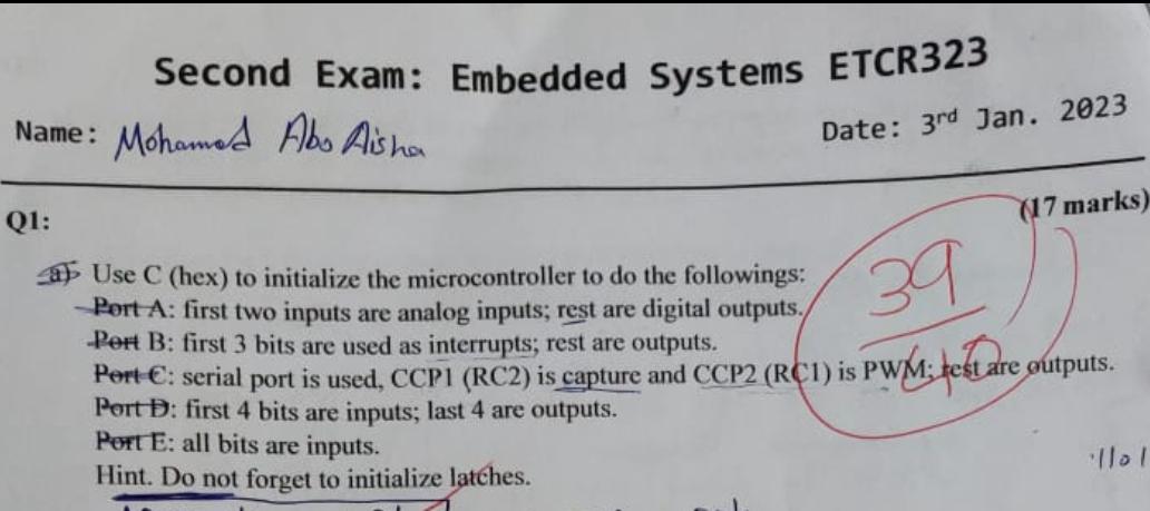 Solved Second Exam: Embedded Systems ETCR323Name: Mohanod | Chegg.com