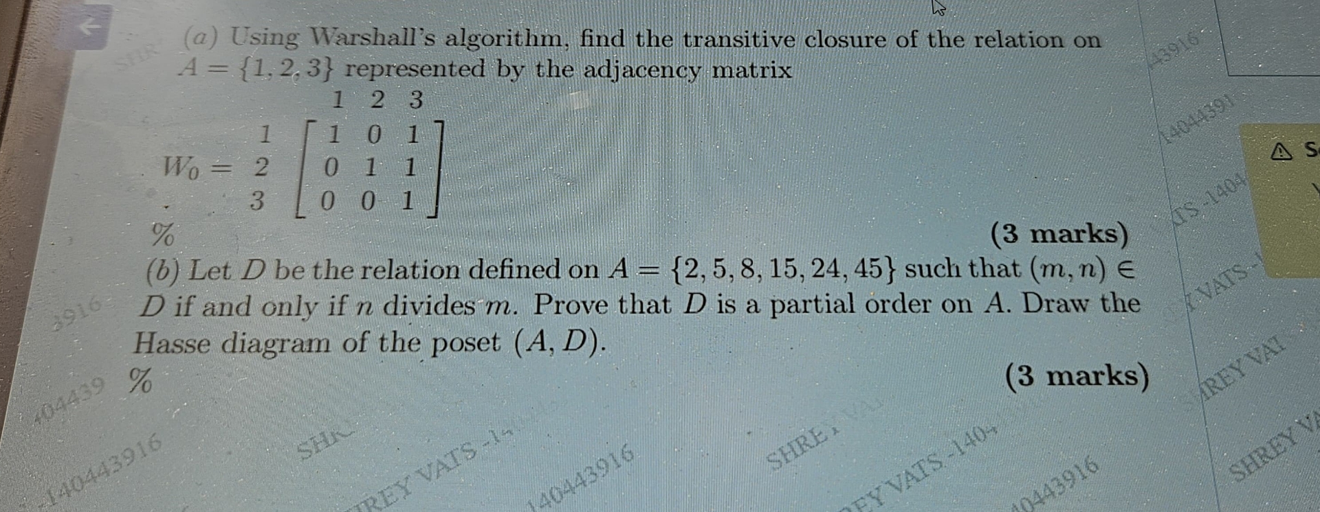 Solved (a) ﻿Using Warshall's algorithm, find the transitive | Chegg.com