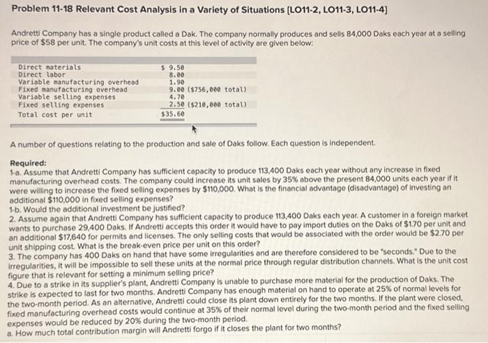 Solved Problem 11-18 Relevant Cost Analysis in a Variety of | Chegg.com