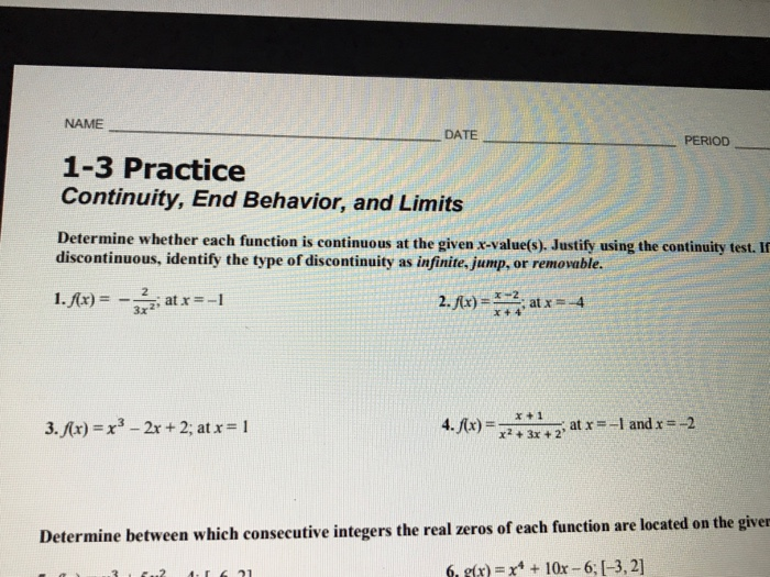 Solved NAME DATE PERIOD 7 1-3 Practice Continuity, End | Chegg.com