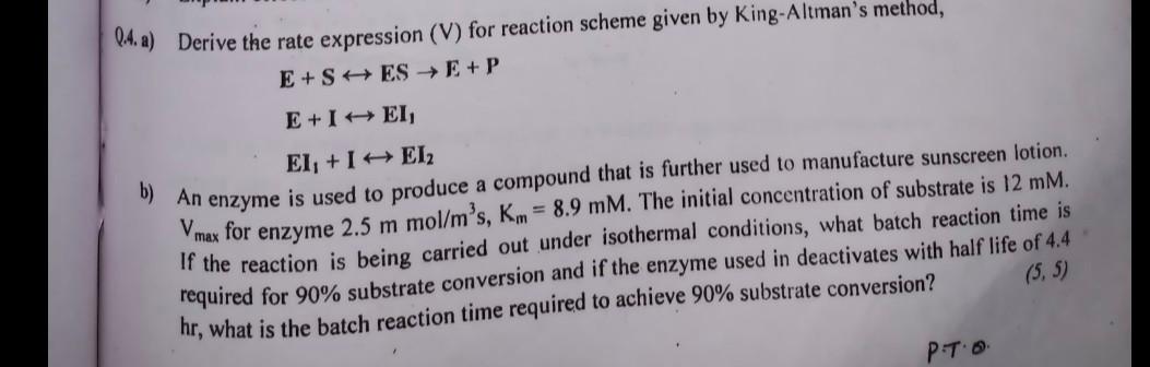 Solved Q.4. a) Derive the rate expression (V) for reaction | Chegg.com