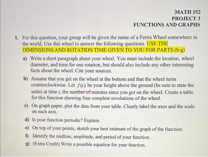 Solved MATH 152 PROJECT 3 FUNCTIONS AND GRAPHS 1. For this | Chegg.com