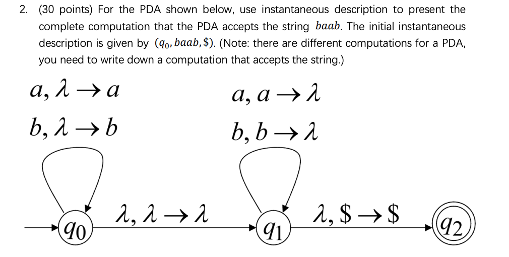 Solved 2. ( 30 ﻿points) ﻿For the PDA shown below, use | Chegg.com