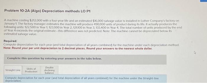 Solved Problem 10-2A (Algo) Depreciation methods LO P1 A | Chegg.com
