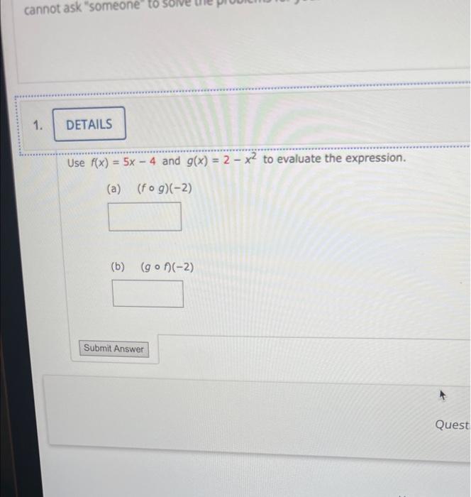 Solved Use f(x)=5x−4 and g(x)=2−x2 to evaluate the | Chegg.com