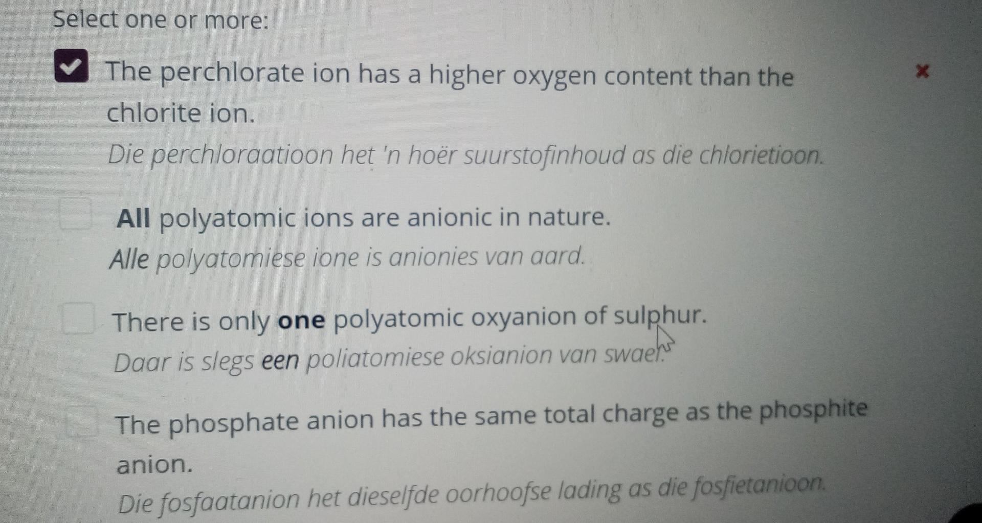 Solved Select one or more: X The perchlorate ion has a | Chegg.com