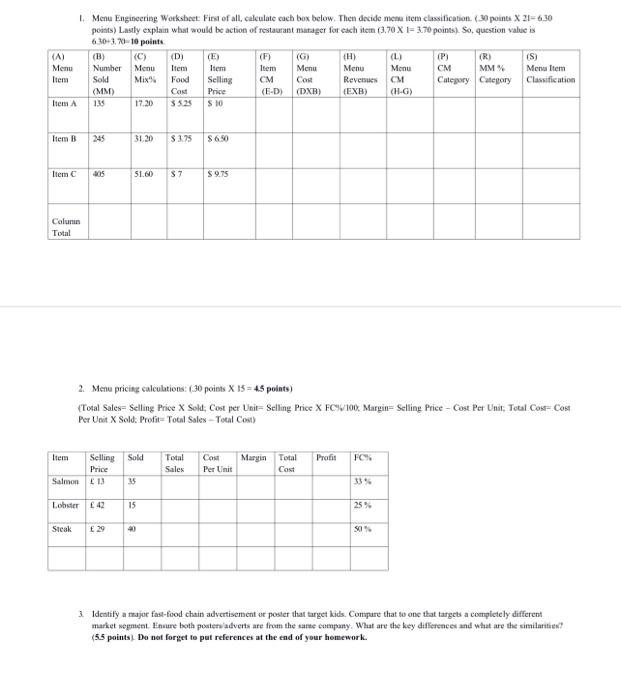Solved 1. Menu Engineering Worksheet: First of all, | Chegg.com