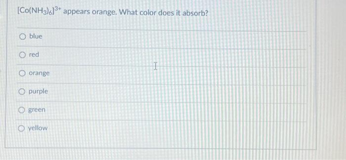 Solved [Co(NH3)6]3+ appears orange. What color does it | Chegg.com