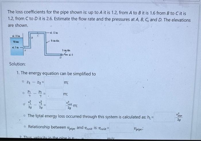 The loss coefficients for the pipe shown is: up to A | Chegg.com