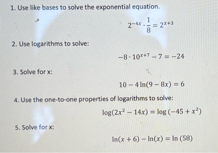 Solved 1. Use like bases to solve the exponential equation. | Chegg.com