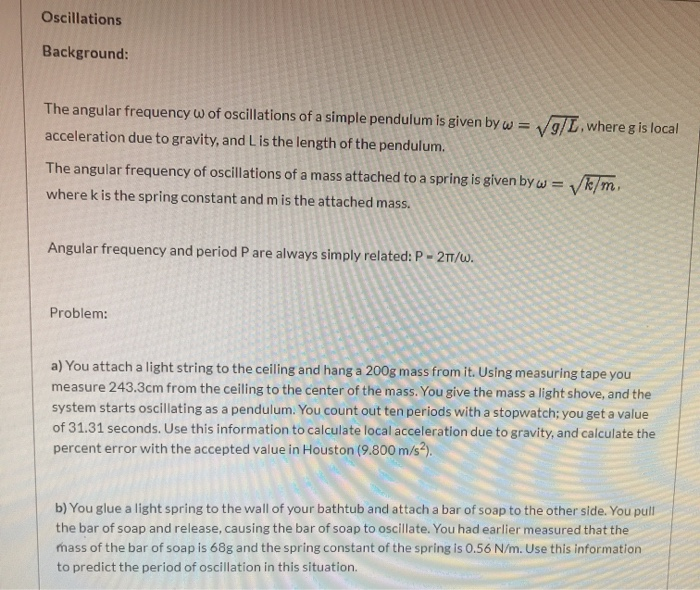 Solved Oscillations Background: The angular frequency w of | Chegg.com