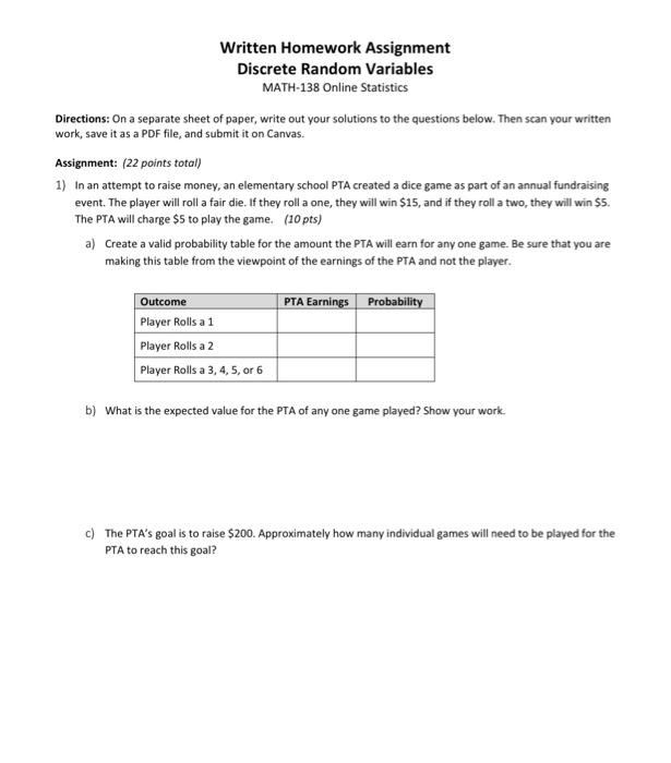 Solved Written Homework Assignment Discrete Random Variables | Chegg.com
