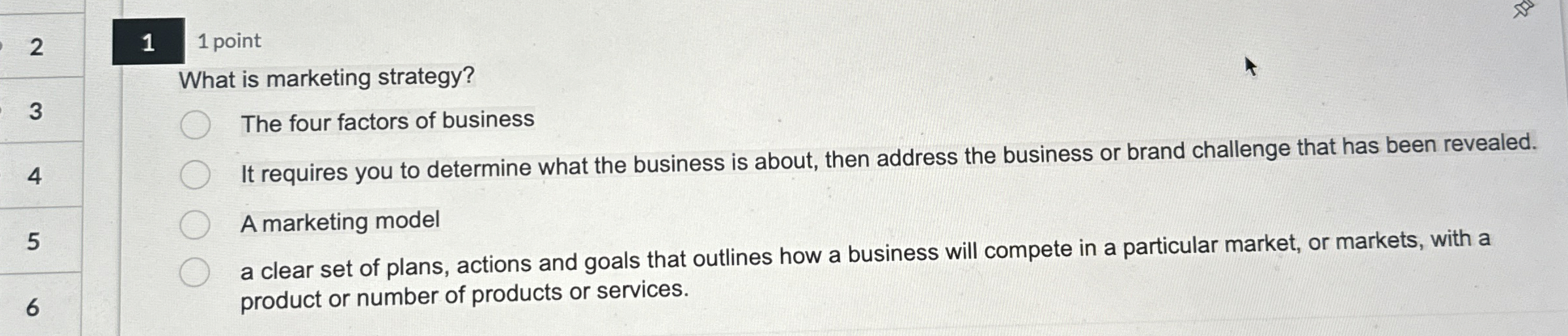 Solved 211 ﻿pointWhat is marketing strategy?The four factors | Chegg.com