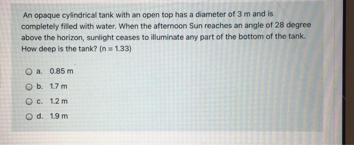 Solved An opaque cylindrical tank with an open top has a | Chegg.com