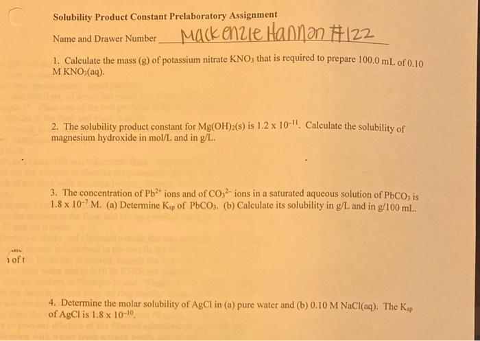 Solved Solubility Product Constant Prelaboratory Assignment | Chegg.com