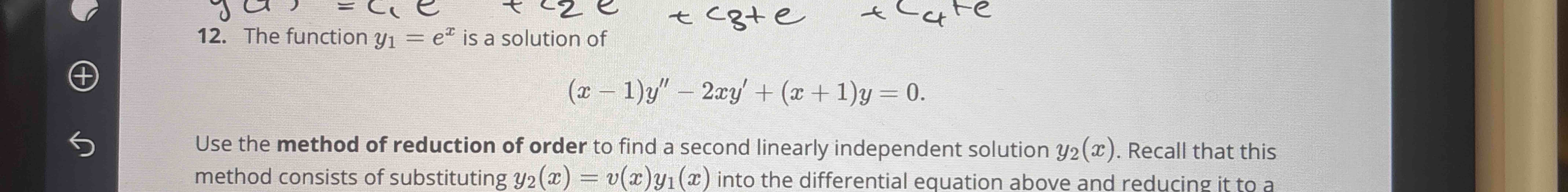 Solved The function y1=ex is ﻿a solution | Chegg.com