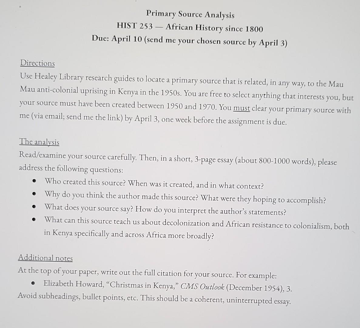 Primary Source Analysis HIST 253 - African History | Chegg.com